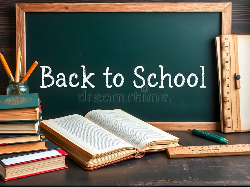 Back To School Text on Blackboard with Books, Pencils and Ruler. Stock ...