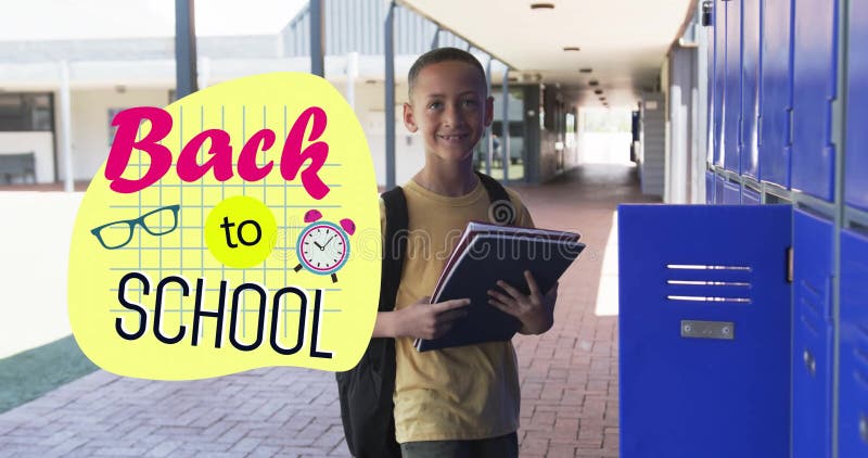Back To School Text Over Boy with Backpack Opening Locker Stock Photo ...