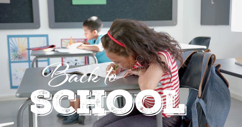 Back To School Text Over Children Studying in Classroom, Image Stock ...