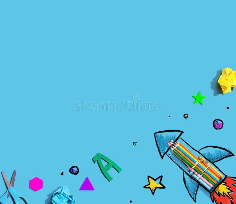 Back To School Theme with a Rocket with School Supplies Stock ...
