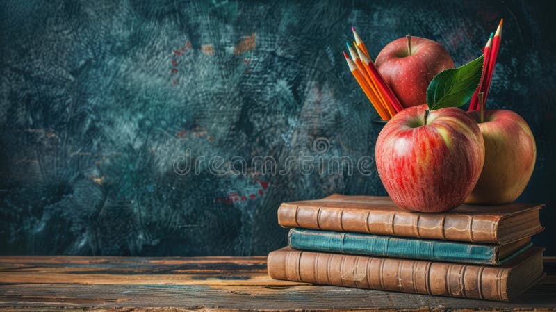 Back To School: Apple, Books, Pencils, and Empty Blackboard Stock ...