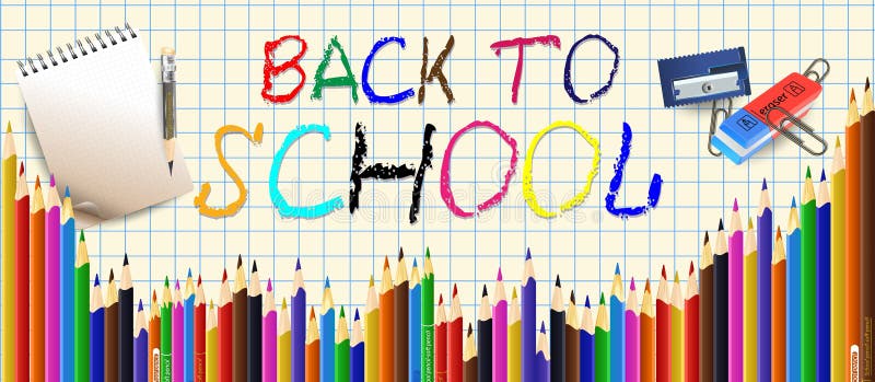 Back To School Title Words with Realistic School Items with Colored ...