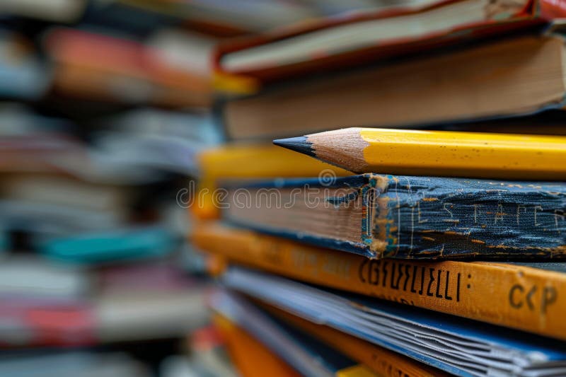 Back To School Towering Stack of Textbooks Topped with a Single Pencil ...