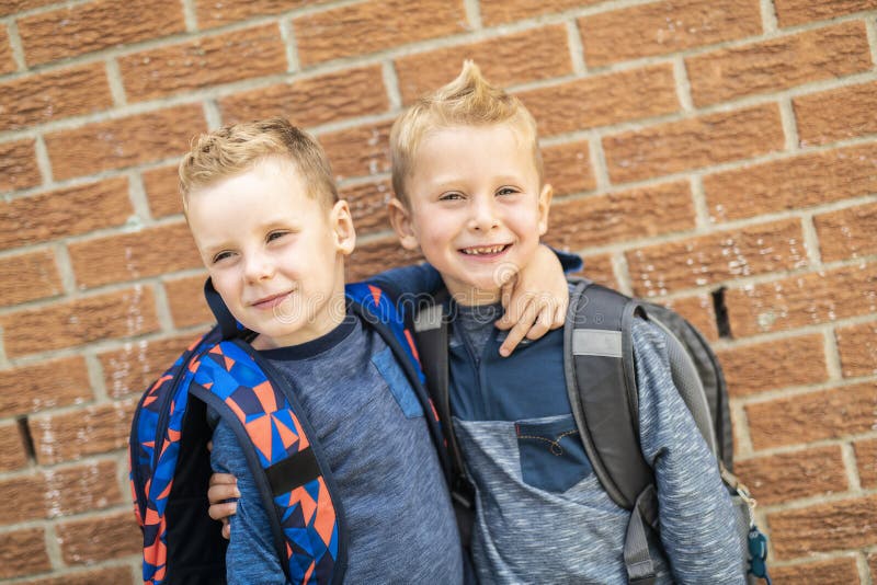 A Back To School. Two Happy Little Boy with Backpack Stock Image ...