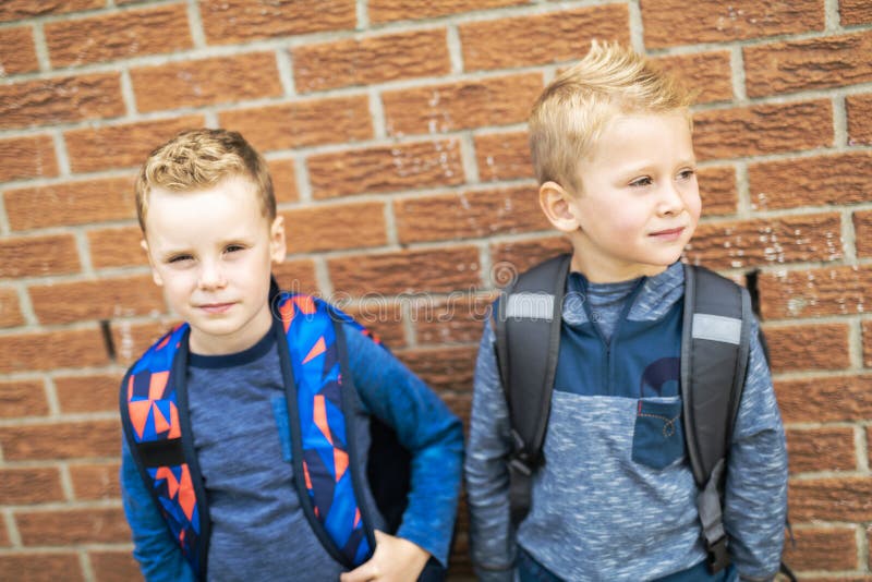 A Back To School. Two Happy Little Boy with Backpack Stock Image ...