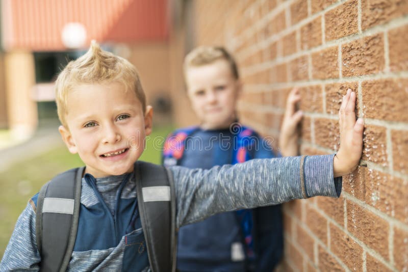 A Back To School. Two Happy Little Boy with Backpack Stock Photo ...