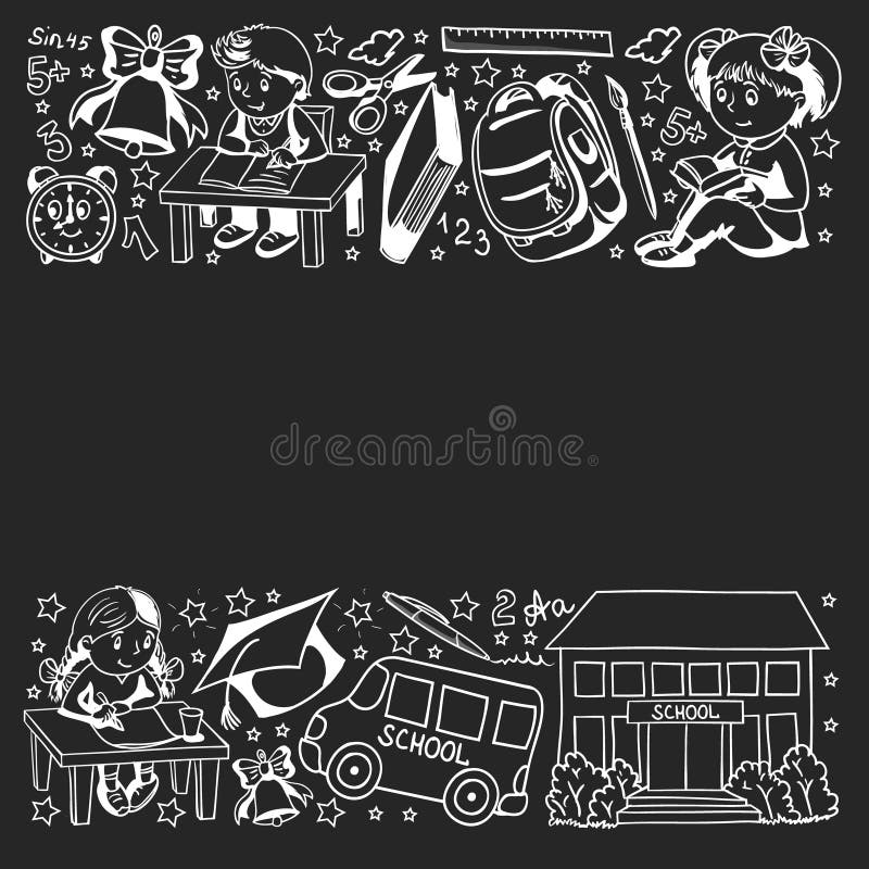 Back To School. Vector Pattern with Icons and Children. Stock Vector ...