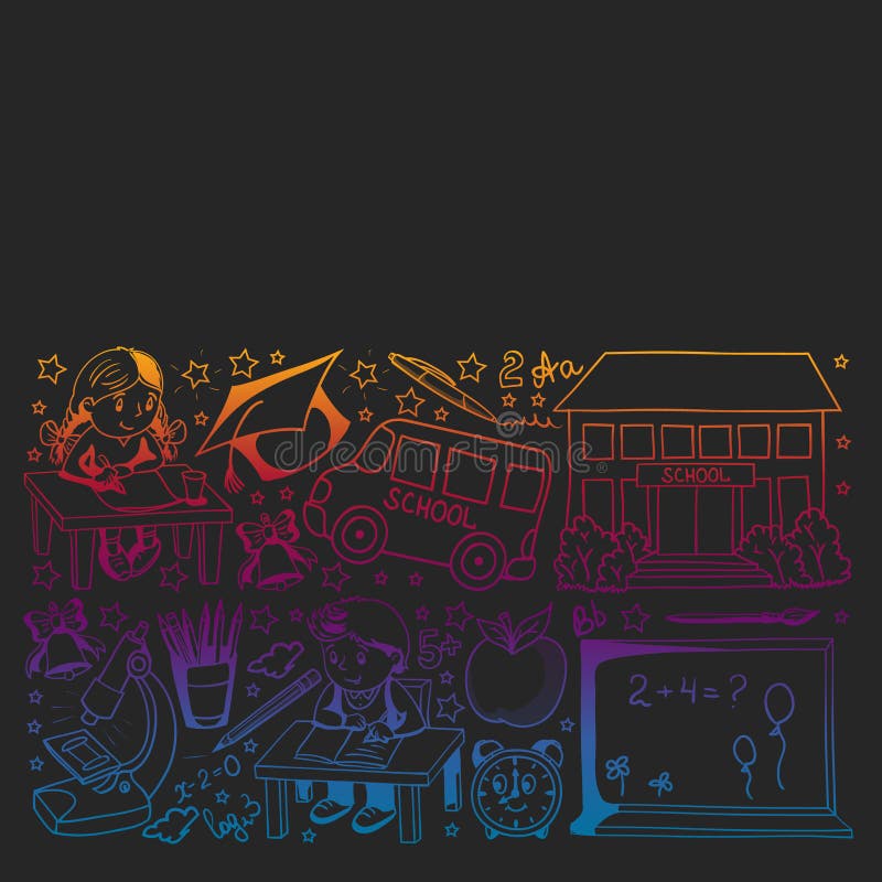 Back To School. Vector Pattern with Icons and Children. Stock Vector ...