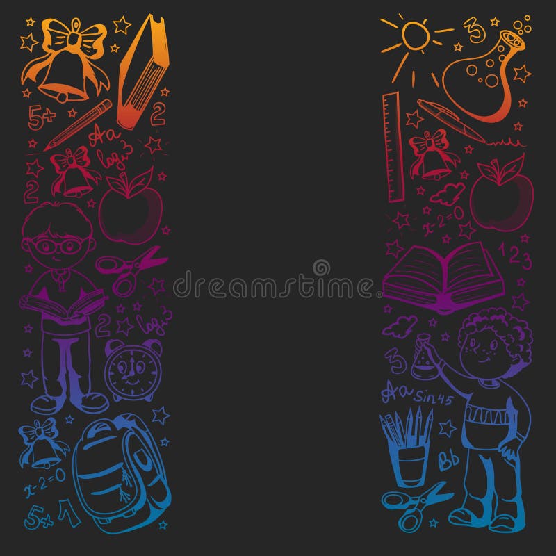 Back To School. Vector Pattern with Icons and Children. Stock Vector ...