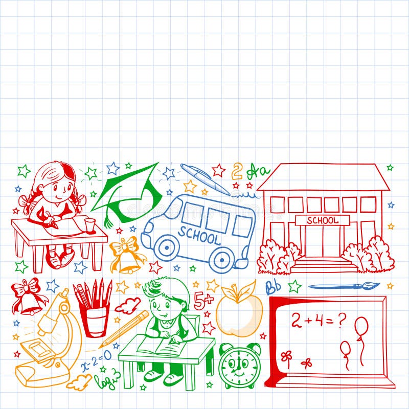 Back To School. Vector Pattern with Icons and Children. Stock Vector ...
