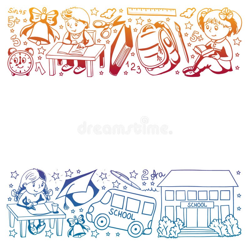 Back To School. Vector Pattern with Icons and Children. Stock Vector ...