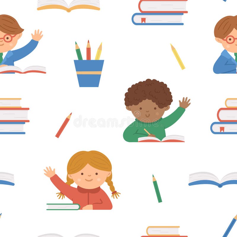 Back To School Vector Seamless Pattern with Cute Children. Educational ...