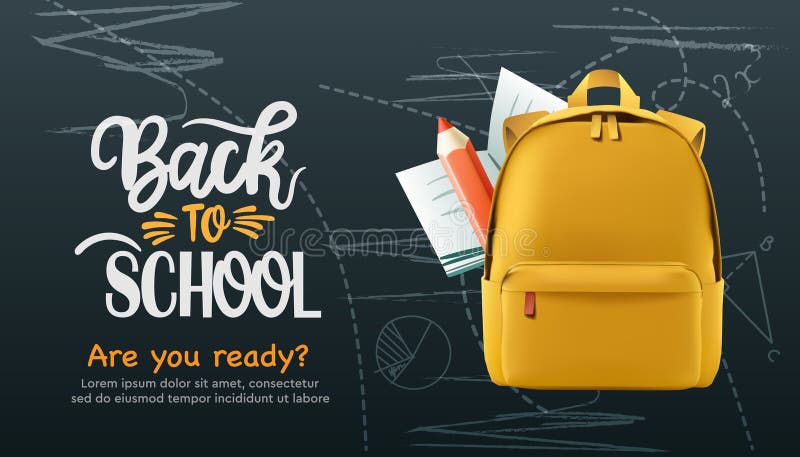Back To School Web Banner. Yellow Backpack with Pencils and School Notepad on the Black ...