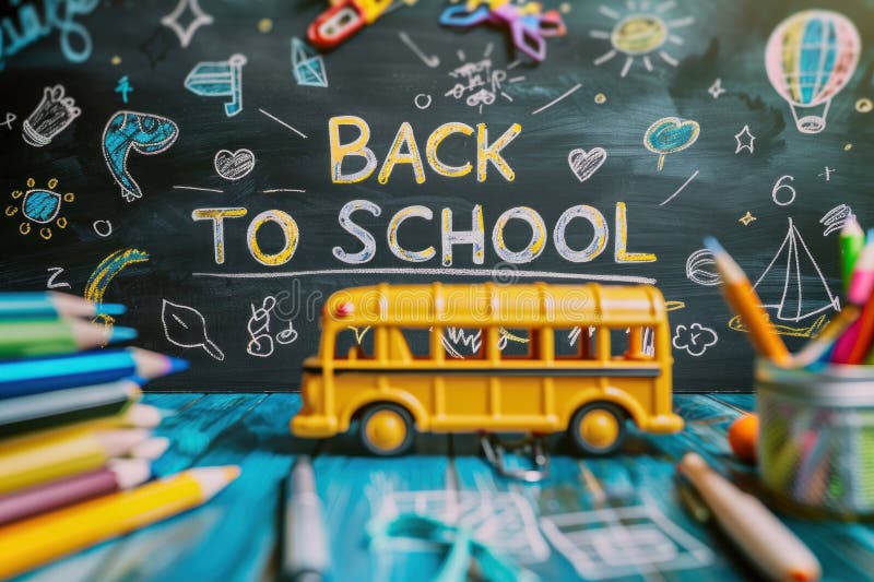 Back To School is Written on a Chalkboard with a Yellow School Bus ...