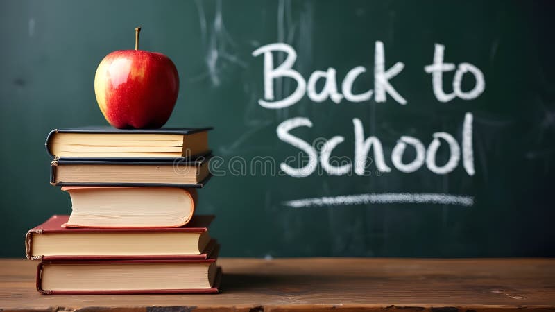 Back To School Written in Cursive White Chalk, Stack of Books with a ...