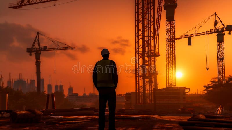 Back Turned Silhouette of a Builder Stands in Construction Site ...