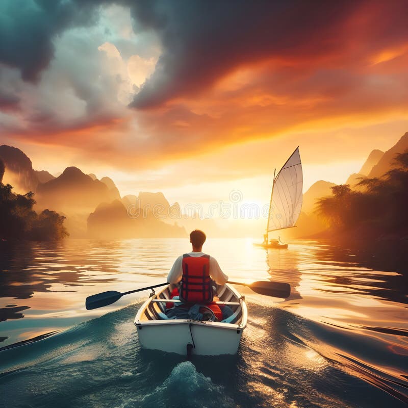 Back View Action Images of a Small Boat on a River Sailing into the ...