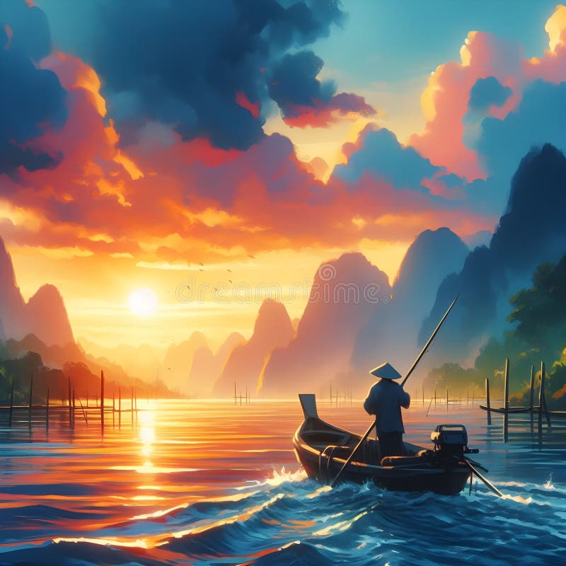 Back View Action Images of a Small Boat on a River Sailing into the ...