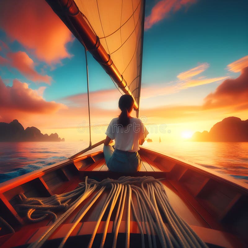 Back View Action Images of a Small Boat on a River Sailing into the ...