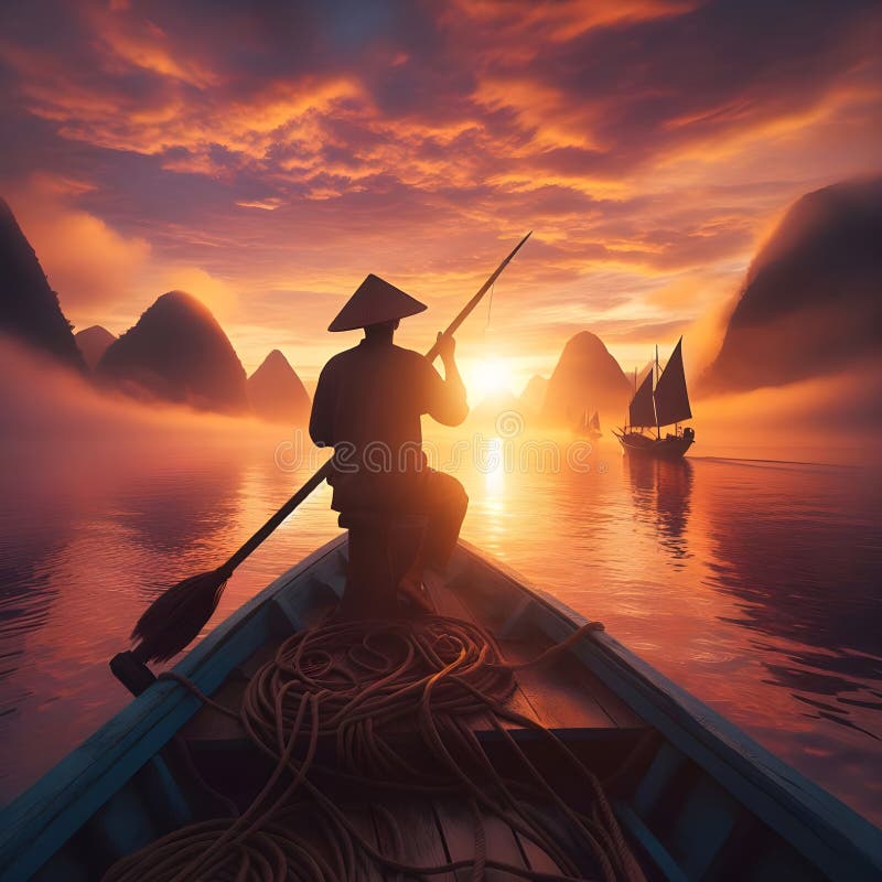 Back View Action Images of a Small Boat on a River Sailing into the ...