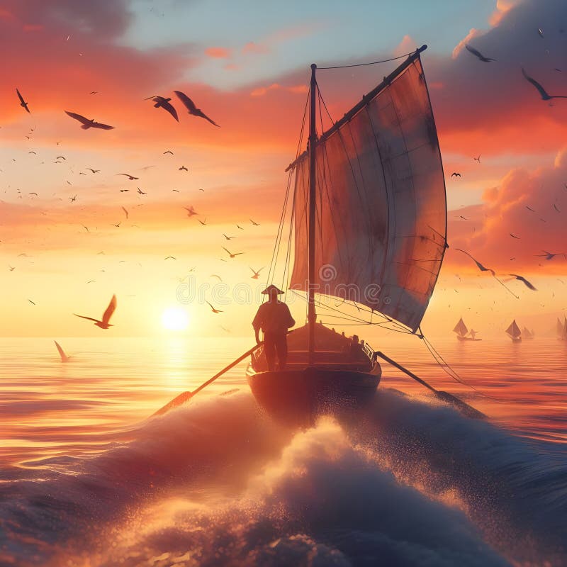 Back View Action Images of a Small Boat on a River Sailing into the ...