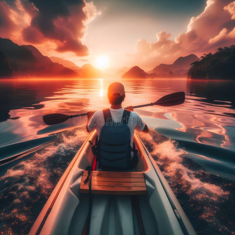 Back View Action Images of a Small Boat on a River Sailing into the ...
