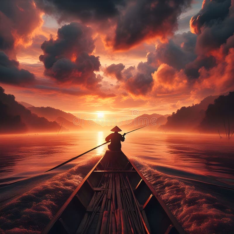 Back View Action Images of a Small Boat on a River Sailing into the ...