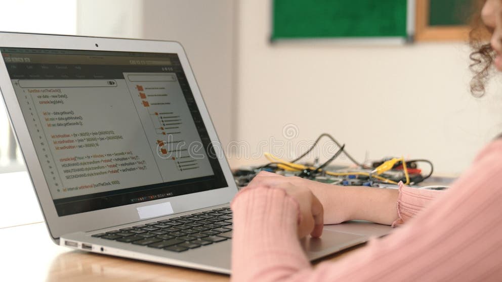 Back View of Smart American Girl Coding Engineering Prompt at Class ...