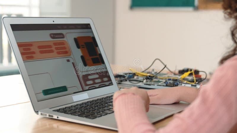 Back View of Smart American Girl Coding Engineering Prompt at Class ...