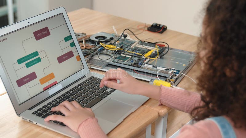 Back View of Smart American Girl Coding Engineering Prompt at Class. Pedagogy. Stock Video ...