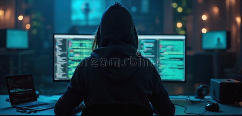 Back View of Anonymous Female Hacker Coding Malicious Virus on High-performance Computer at ...