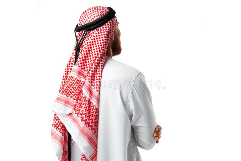 Back View of an Arab Man Standing on White Isolated Background Stock ...