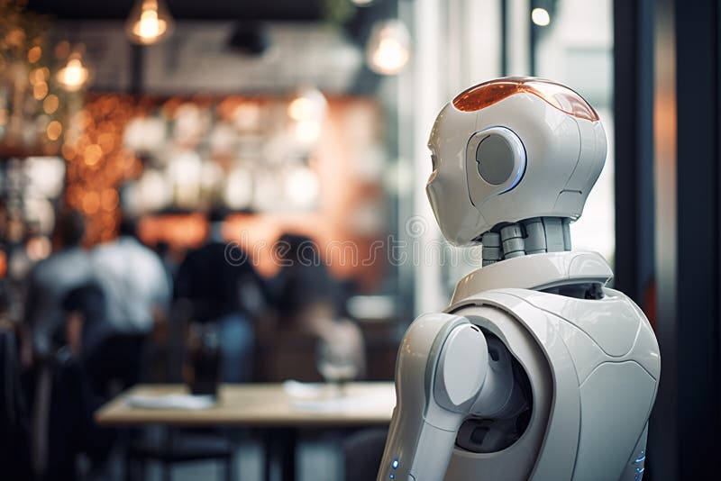 Back View of Artificial Intelligence Robot Working As Waiter in ... Back View of Artificial Intelligence Robot Working As Waiter in ...