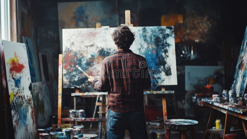 Back View of Artist Painting Abstract Art on Canvas in Brightly Lit ...