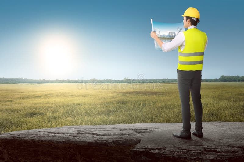 Back View of Asian Architect Builder Looking His Layout Plan Stock ...