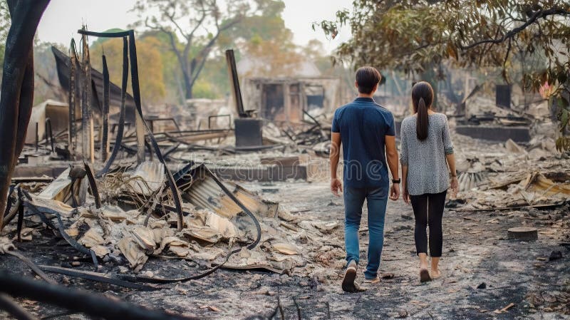 Back View of Asian Couple Standing in Front of Burned Down House ...