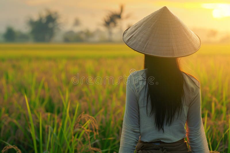 Back View of an Asian Woman in Hat Stock Illustration - Illustration of ...