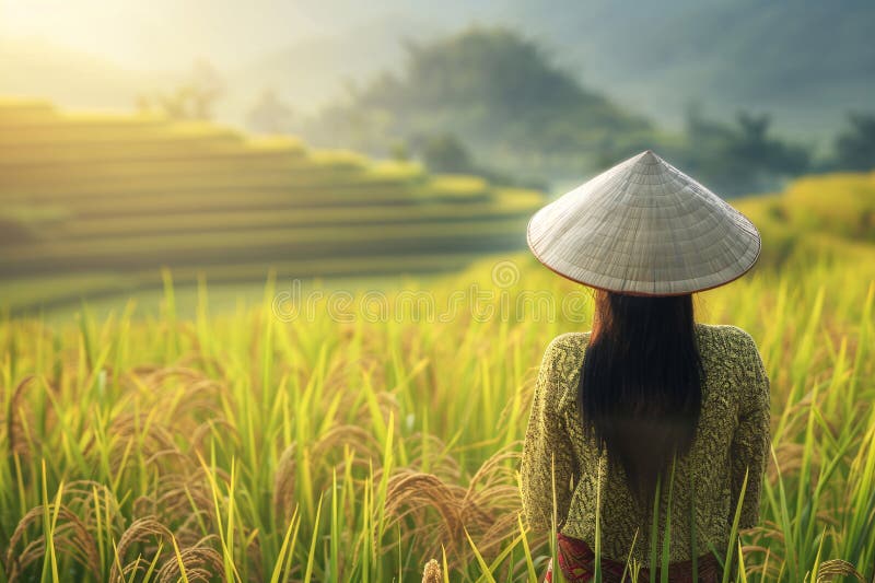 Back View of an Asian Woman in Hat Working in Rice Field Stock ...
