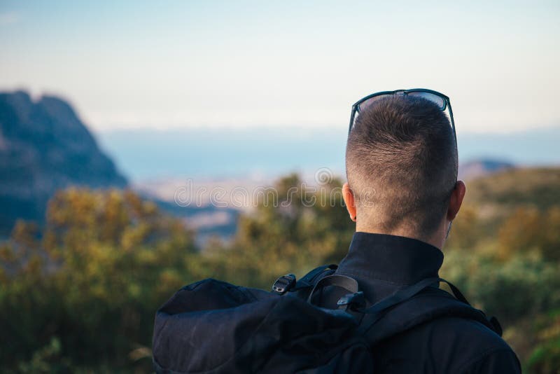 Back View of Backpacker Against of Landscape Stock Photo - Image of ...