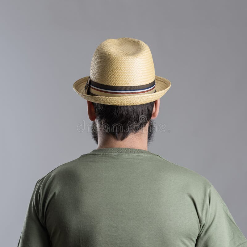 Rear View of Young Serious Bearded Man with Straw Hat Looking Away ...