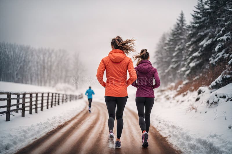 Back View Beautiful Happy Active Runner Girl Jogging in Winter. Ai ...