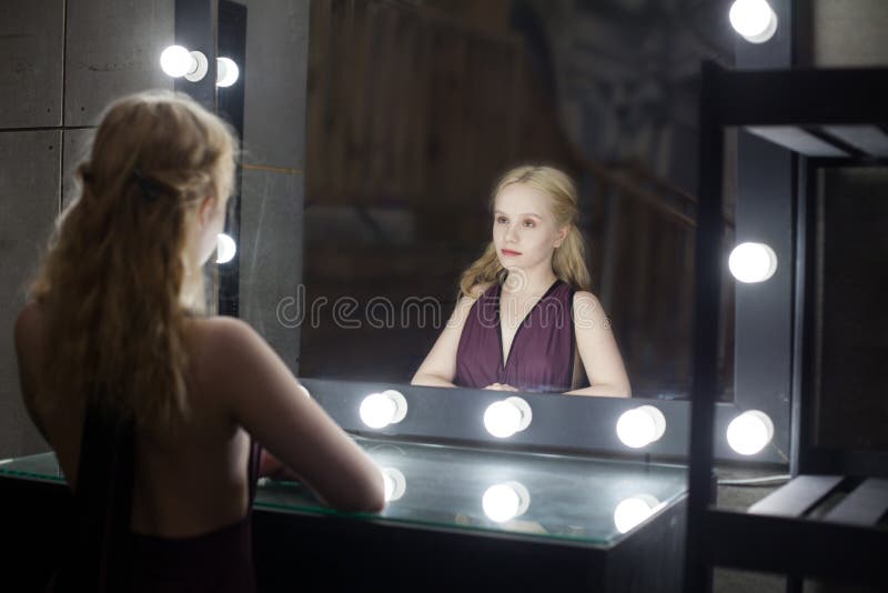 Back View of Beautiful Singer in Standing in Front of Mirror Stock ...