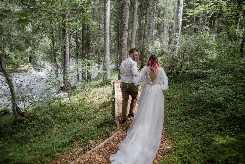Back View of Beautiful Young Wedding Couple Walking on Mountain Path ...