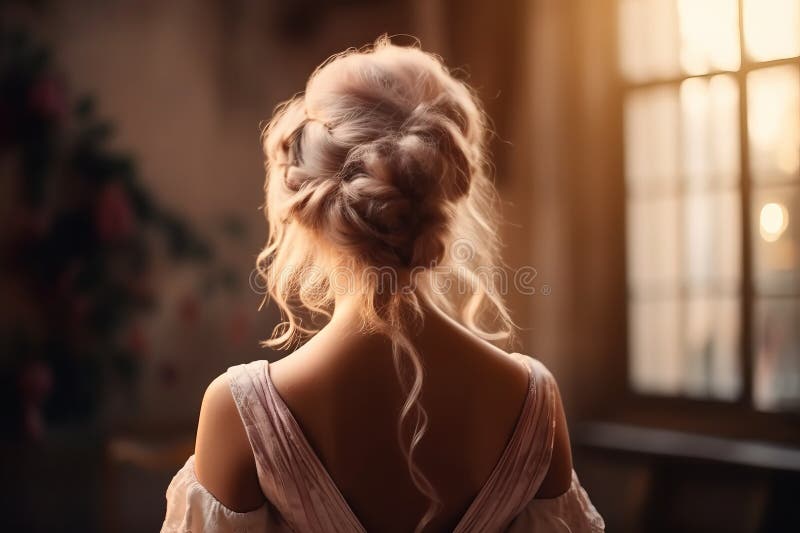 Back View of Beautiful Young Woman with Creative Hairstyle and Makeup ...