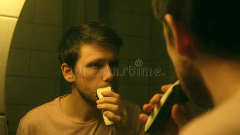 Back View from Behind Male Reflection in Mirror in Bathroom Stock Video ...