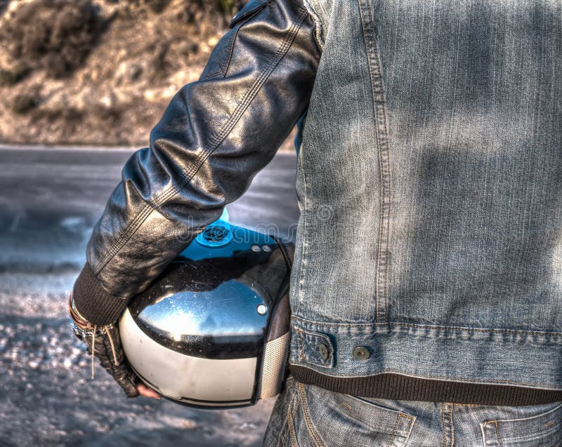 Back View of a Biker on the Edge of the Road at Sunset in Hdr Stock ...
