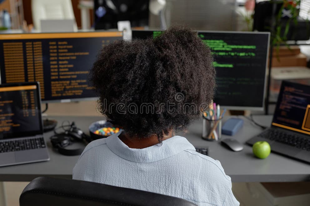 Back View of Black Female Coder Writing Program Stock Photo - Image of ...