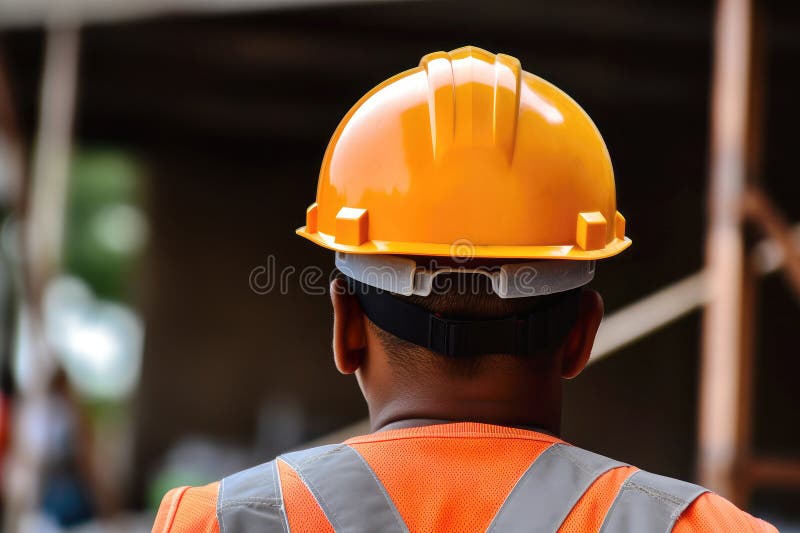 Back View of Black Man in Vest and Helmet at Construction Site Stock ...