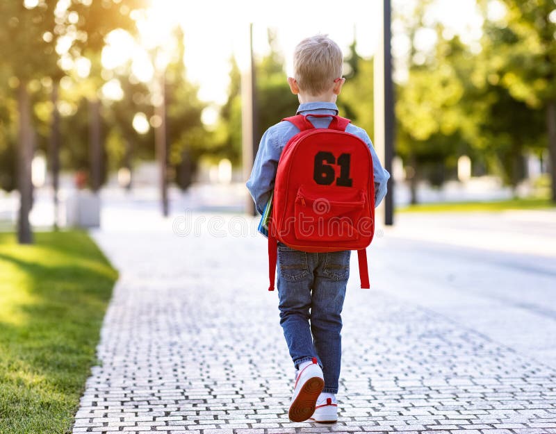Back View of a Boy Going To School in Park Stock Image - Image of alley ...