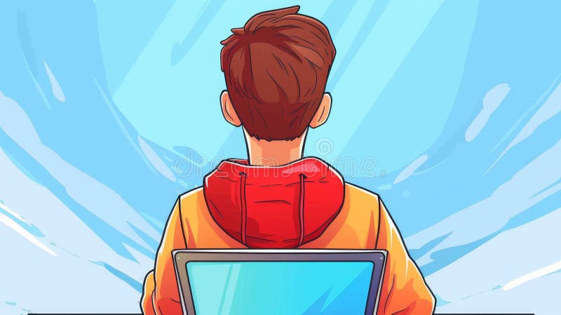 The Back View of a Boy on a Laptop with a Shiny Blue Screen is Shown in ...